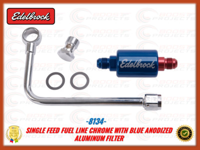 Edelbrock Single Feed Fuel Line & Chrome With Blue Anodized Aluminum ...