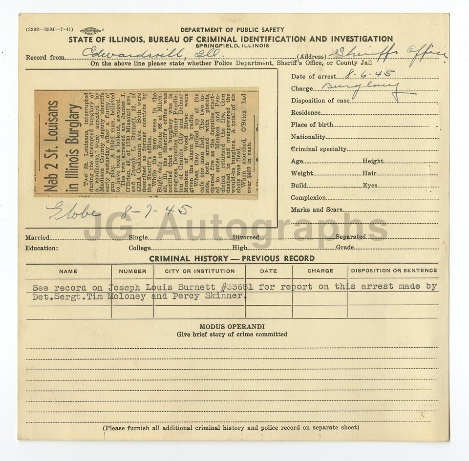 Police Booking Sheet - James J. O'Brien/Burglary - Edwardsville ...