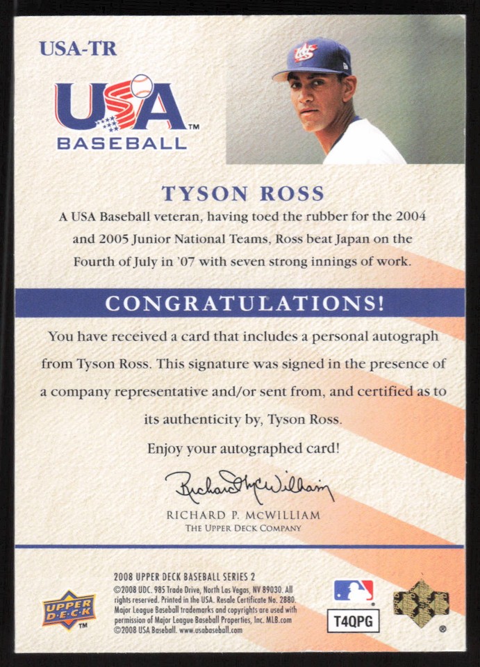 2008 Upper Deck #USA-TR Tyson Ross Autograph Auto, /500 USA Card | eBay
