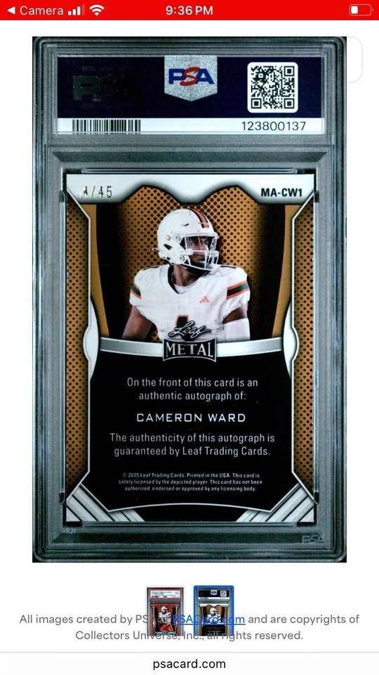 2025 LEAF WEB EXCLUSIVES AUTO-ORANGE PRISMATIC #CW1 CAMERON WARD 4/45 PSA 9 | eBay