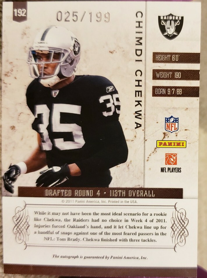 CHIMDI CHEKWA 2011 Panini Plates & Patches RC AUTO SP #/199 Oakland ...