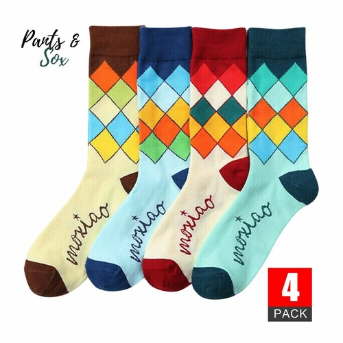 4 Pairs Women Crew Diamond Check Casual Cotton Creative Socks 6-11 ...