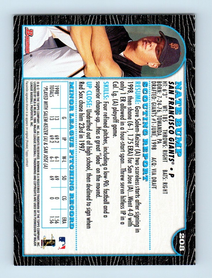 1999 Bowman Nate Bump Rookie San Francisco Giants #208 | eBay