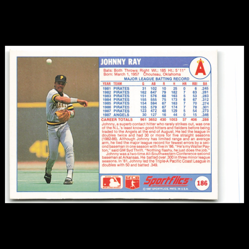 Johnny Ray #186 1988 Sportflics Pittsburgh Pirates Baseball Card MLB NM ...
