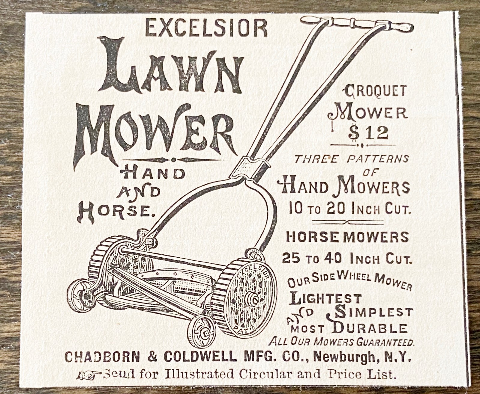 Antique 1880 Print Ad~Excelsior Hand Push LAWN MOWER Chadborn&Coldwell ...