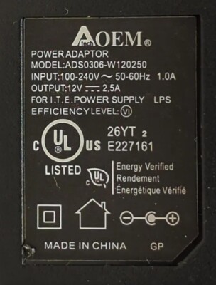 12V 2.5A AC DC Adapter Charger For AOEM ADS0306-W 120250 Power Supply ...