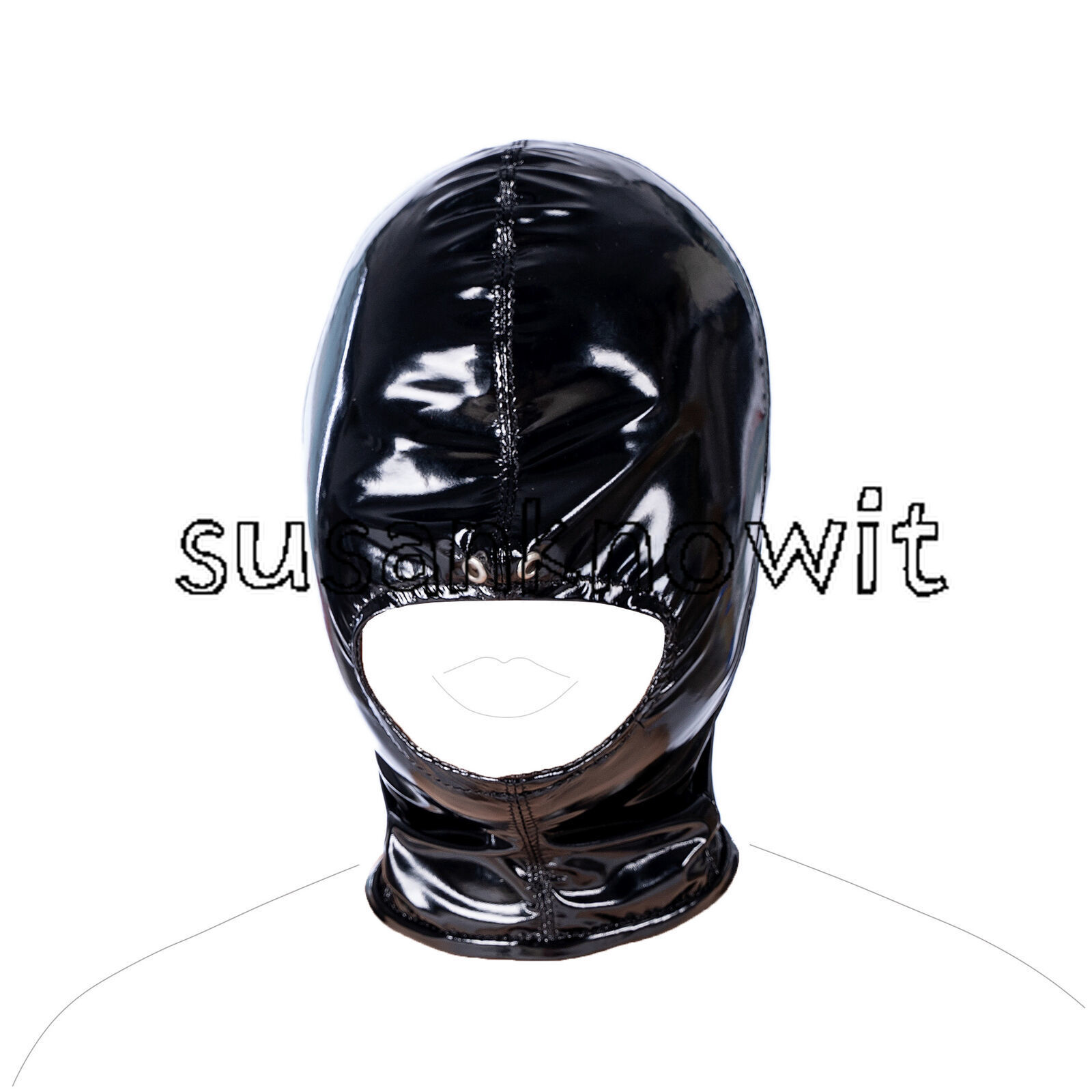 Wet Look Binding Head Hood Mask Headgear Open Mouth Sensory Deprivation ...
