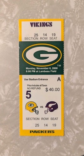 2000 Green Bay Packers Vs Minnesota Vikings Monday Night Miracle Ticket ...