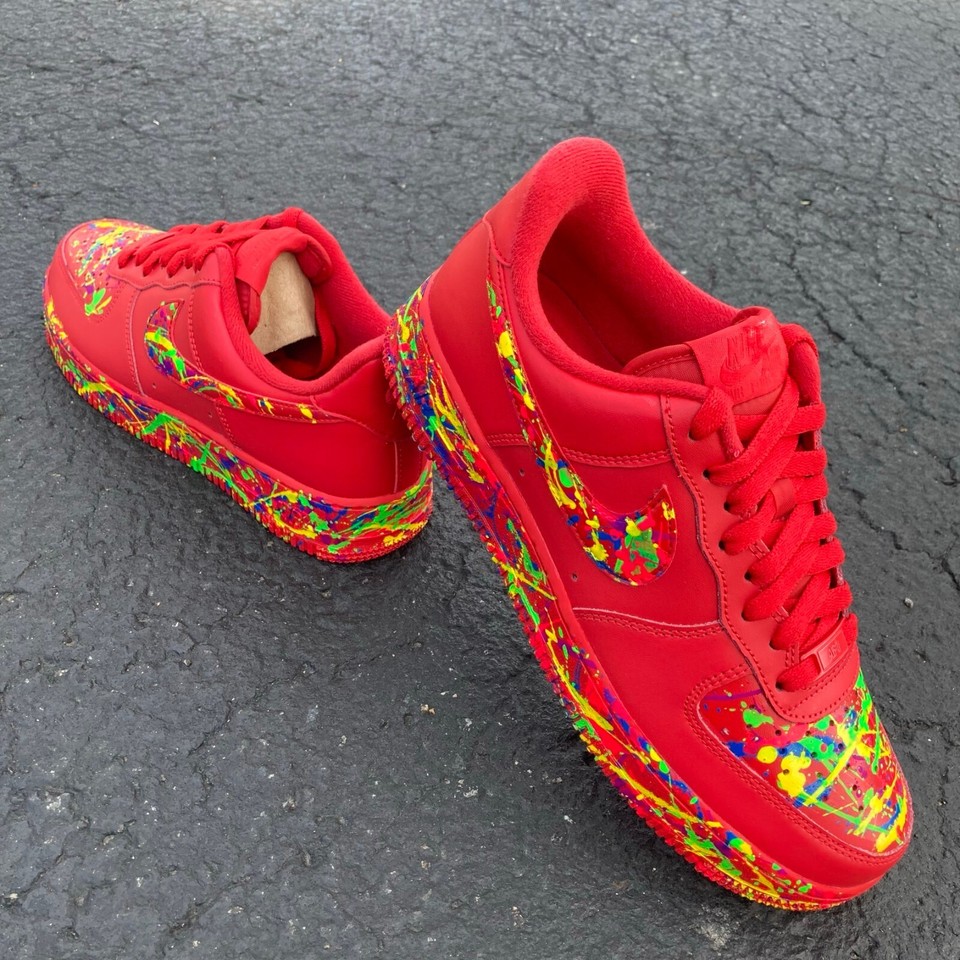 Nike Air Force 1 Custom Triple Red Multi Color Neon Splatter Shoes Mens ...