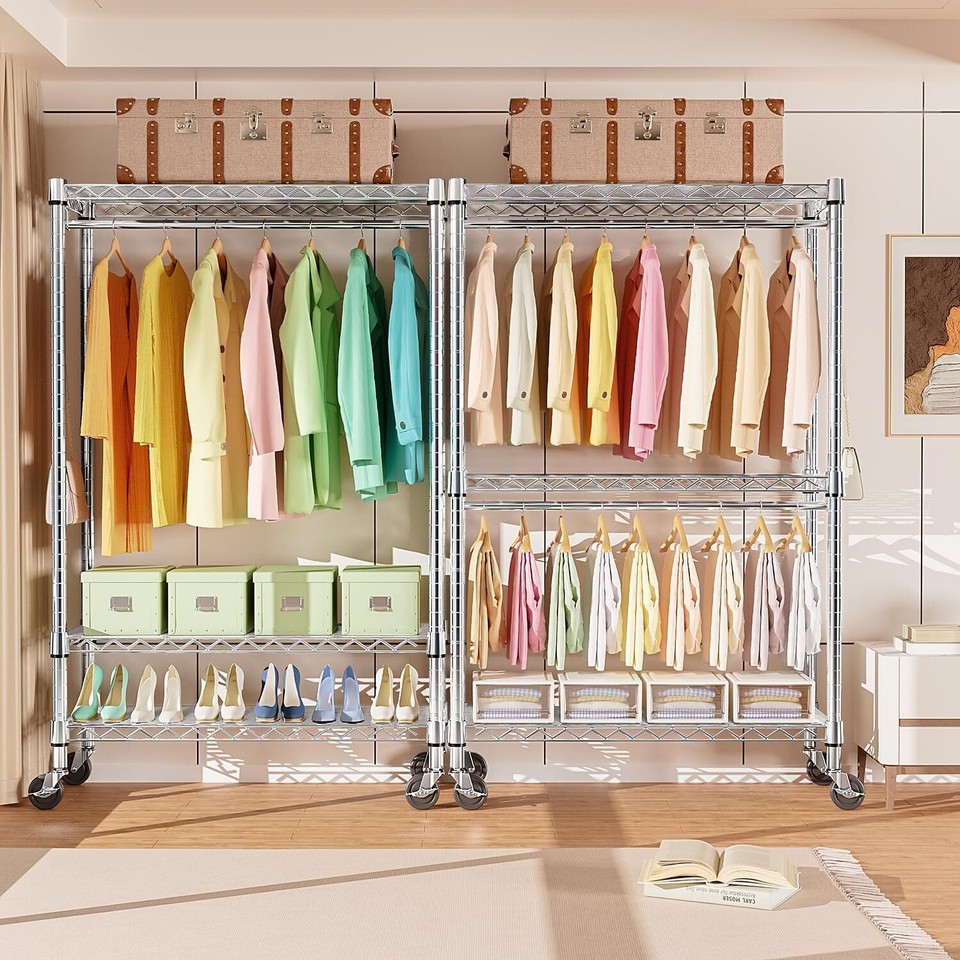 3 Tier Rolling Garment Rack 1 Rod Heavy Duty Clothes Rack Wheels Chrome ...