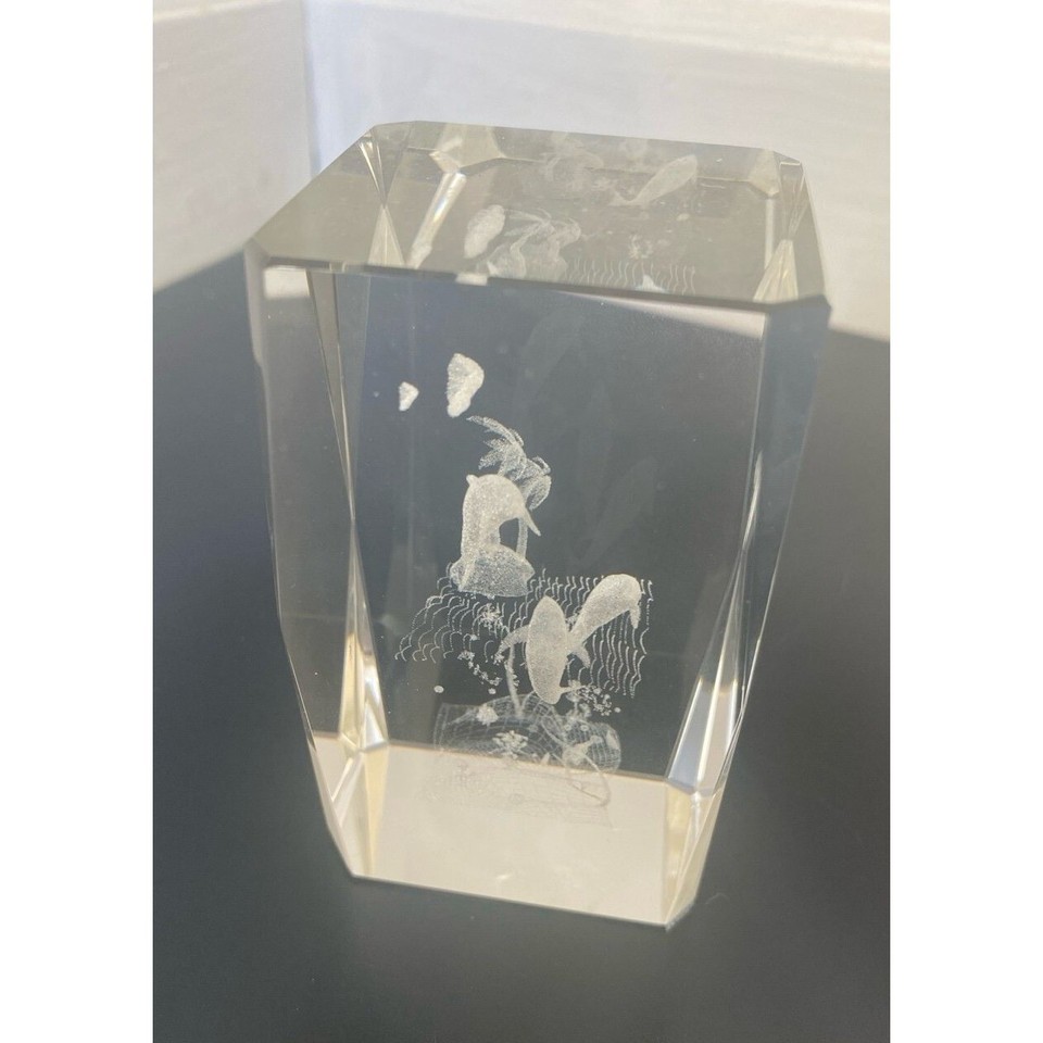 3D Laser Etched Glass Cube Paperweight, Tropical Under the Sea Dolphin ...