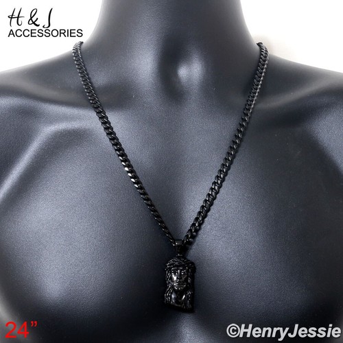 18-40"MEN Stainless Steel 6mm Black Plated Cuban Chain ICY CZ Jesus ...