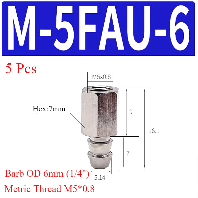 5X Metric Female Thread M5 M5x0.8 To Barb 6mm 1/4"Hose Adapter Fitting ...