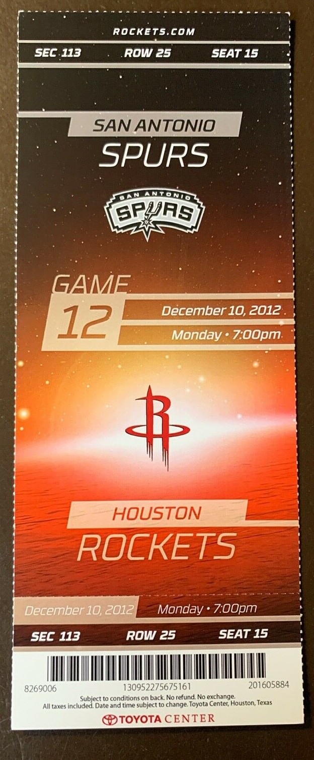 Houston Rockets 12/10/2012 NBA ticket stub vs San Antonio Spurs | eBay