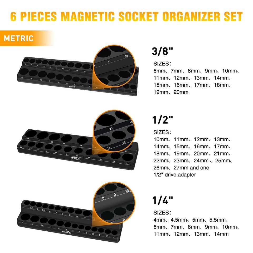 Magnetic Socket Organizer Set, 6 Pieces Magnetic Socket Holder 1/2", 1/ ...