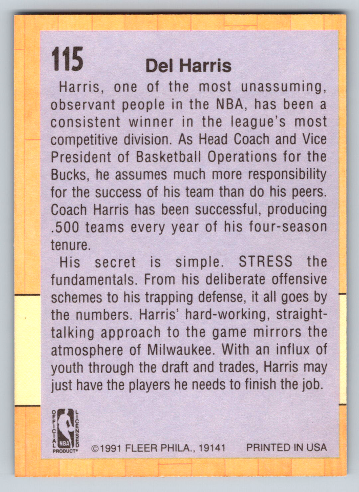 1991 Fleer #115 Del Harris Milwaukee Bucks Basketball Card | eBay