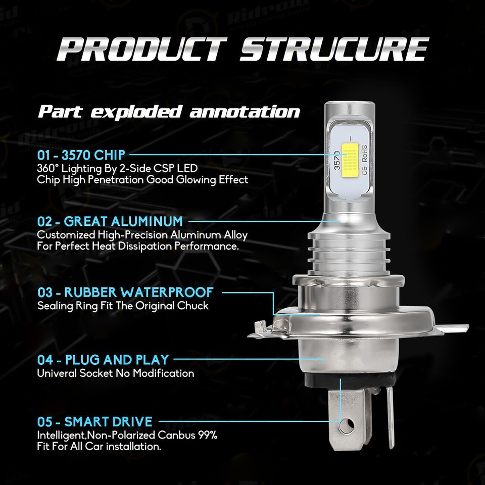 2 Sides H4/9003 6000K 2X LED Headlight Hi/Lo Beam Bulb Upgrade Kits ...