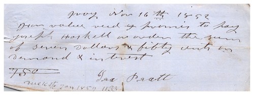 1852 Handwritten receipt Signed Ira Pratt Troy NH New Hampshire Joseph ...