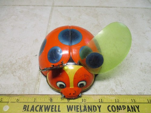 Vintage Tin Wind Up Ladybug Lithograph Japan Litho Orange Blue Dot Toy ...