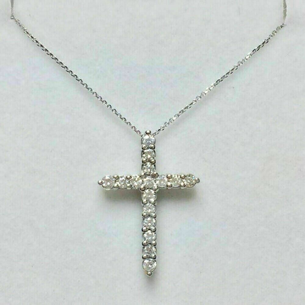 2Ct Round Cut Lab Created Diamond Cross Pendant Free Chain 14K White ...