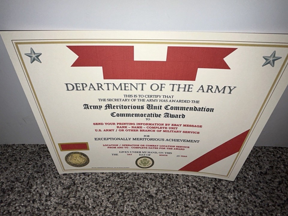 ARMY MERITORIOUS UNIT COMMENDATION COMMEMORATIVE CERTIFICATE ~ T-2 / W ...