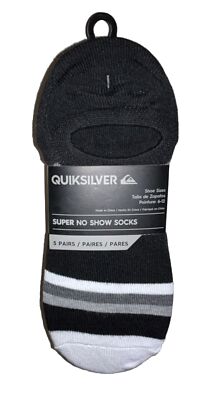 Quicksilver No Show Socks 5 Pair Men's 6-12 Black White Gray Mixed Surf ...
