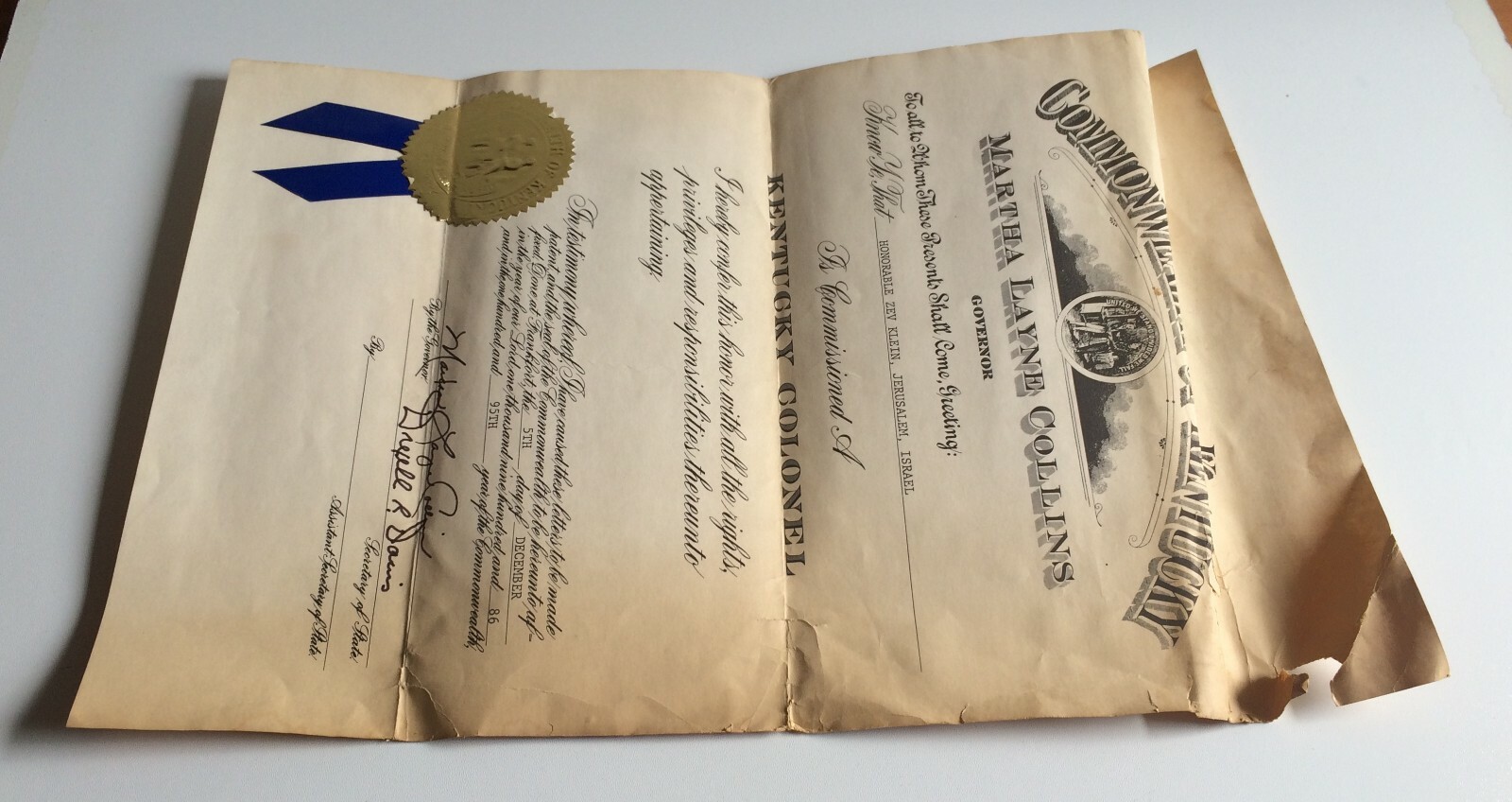 Kentucky Colonel Certificate Signed by Governor Martha Layne Collins ...