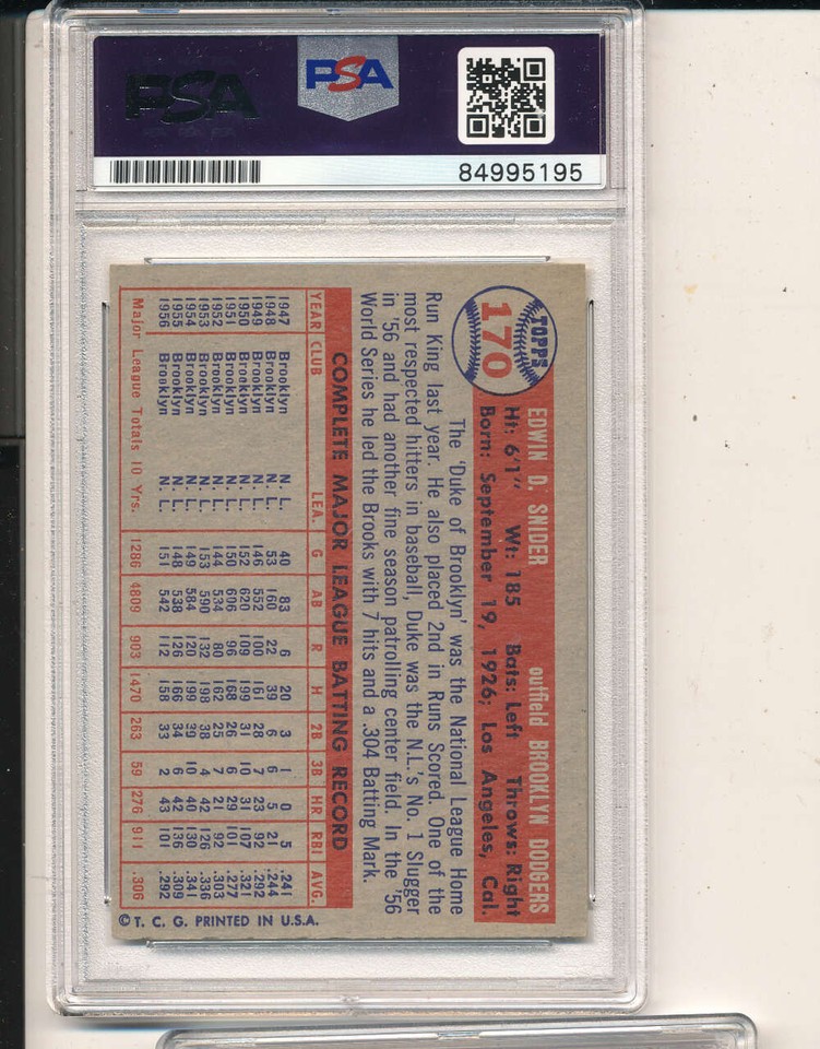 1957 Topps Duke Snider Brooklyn Dodgers #170 Signed card Yankees psa ...