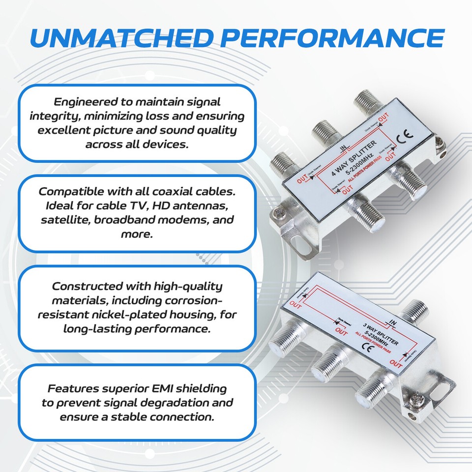 2 3 4 8 Way 5-2300 Power Pass Coaxial Splitter for RG6 RG59 Coax Cable ...
