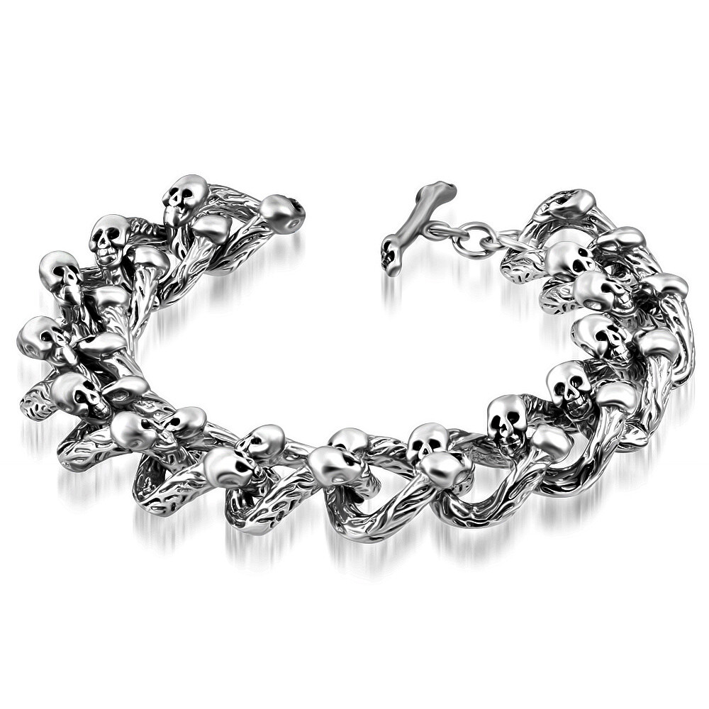 Stainless Steel Silver-Tone Double Skull Link Chain Bracelet, 8" | eBay