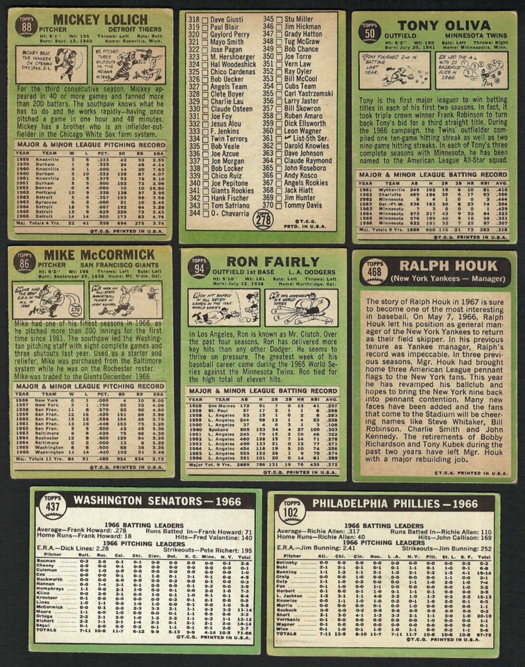 Lot of 8 1967 Topps Lolich Kaat Tony Oliva McCormick Fairly Houk ...