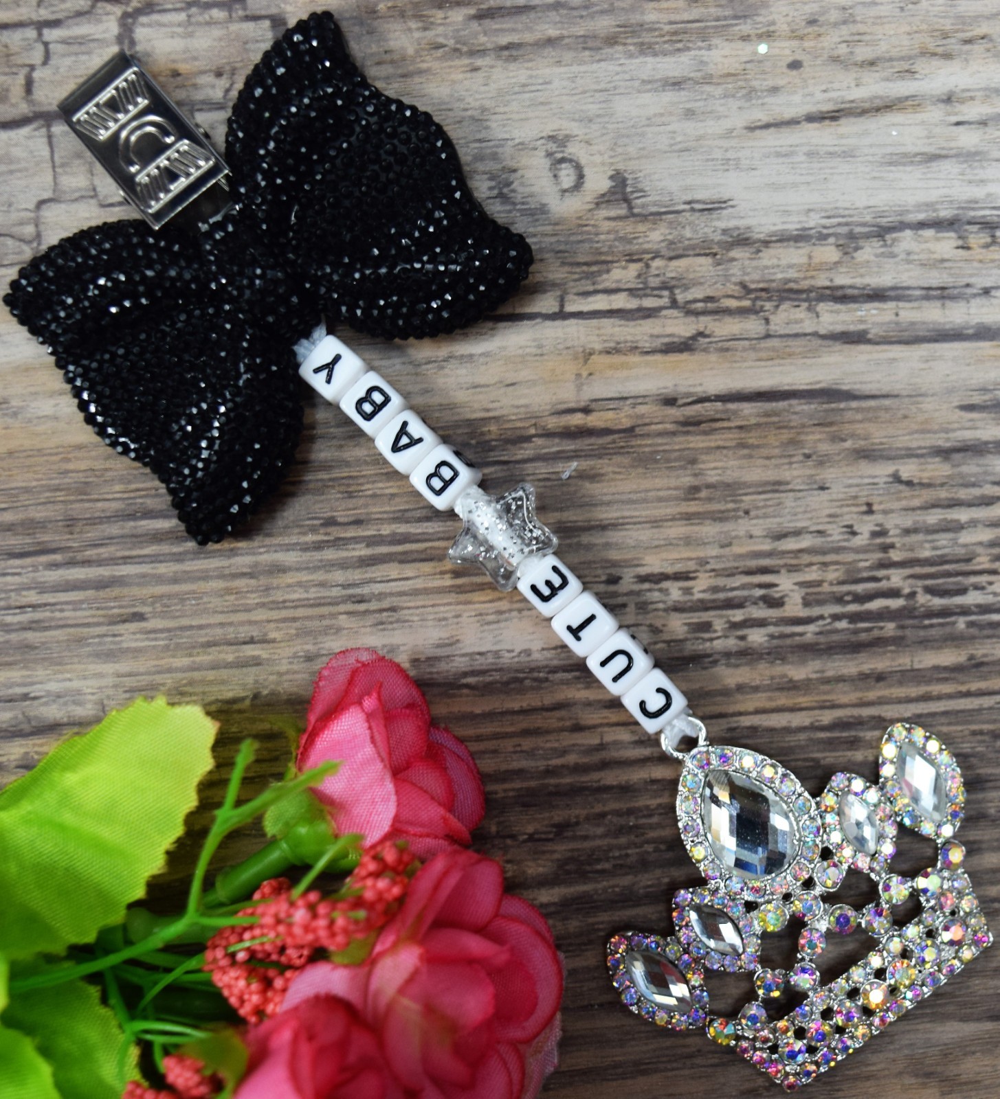 Personalised pram charm with Black Shiny bow and crystal Crown | eBay UK