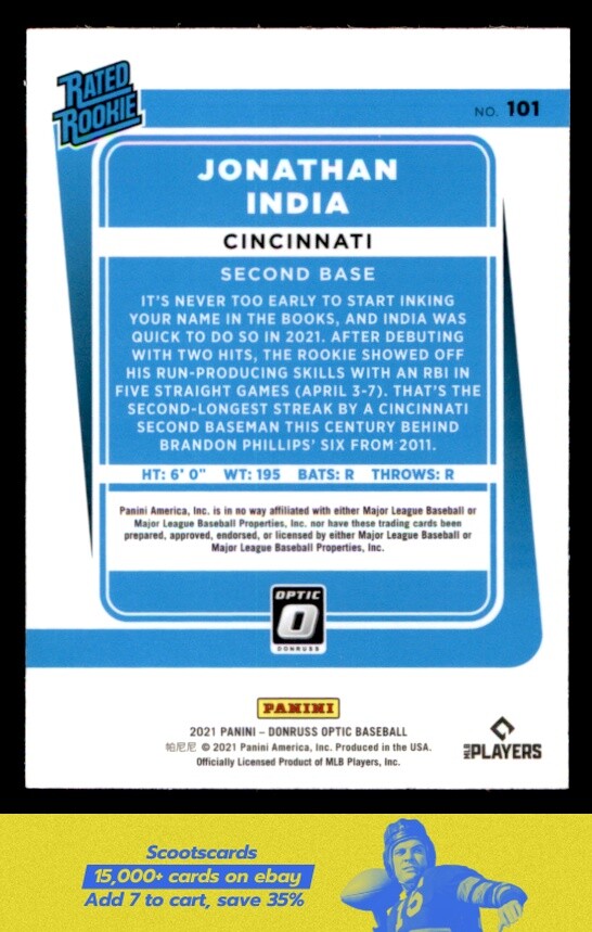 2021 Donruss Optic Rated Rookie Jonathan India RC/Rookie card #101b CIN ...