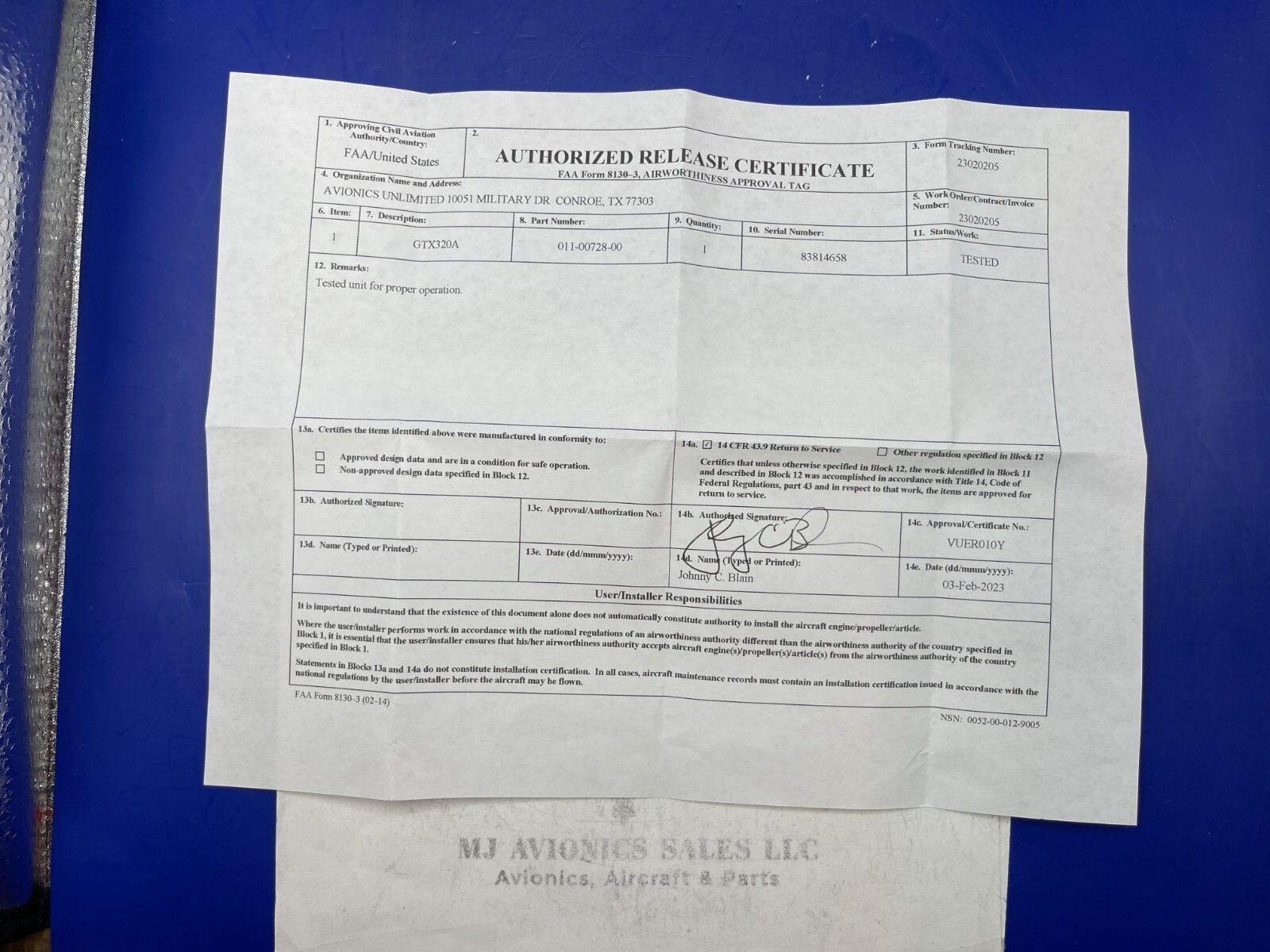 GARMIN GTX 320A MODE C TRANSPONDER P/N 011-00728-00 WITH FAA FORM 8130 ...