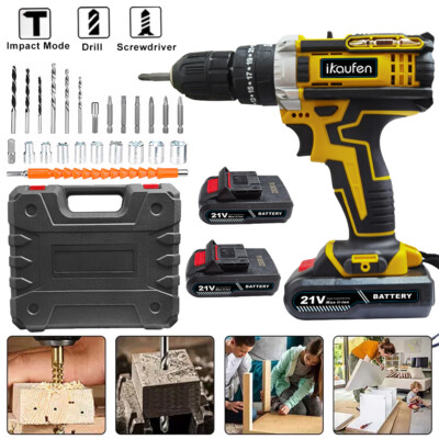 Heavy Duty 21V Cordless Drill Driver Impact Hammer Box Kit+2 Batteries ...