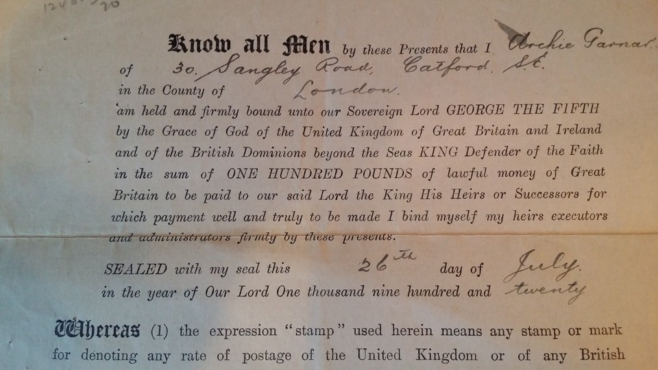 1920 POSTAL HISTORY POSTMASTER GENERAL - ARCHIE GARNAR - BOND FOR STAMP ...