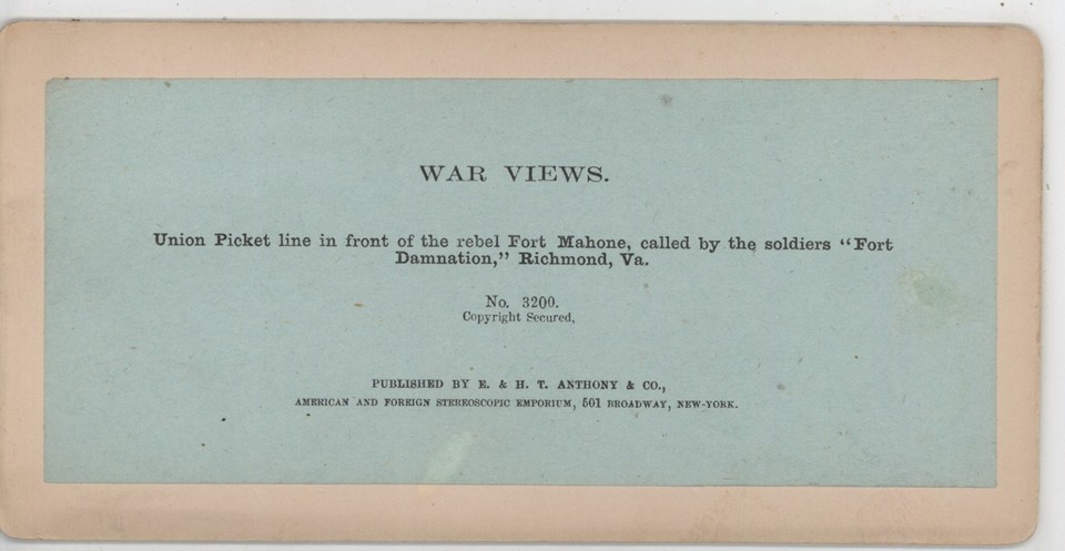 Confederate Fort Mahone Richmond VA Civil War Fort Damnation Stereoview ...