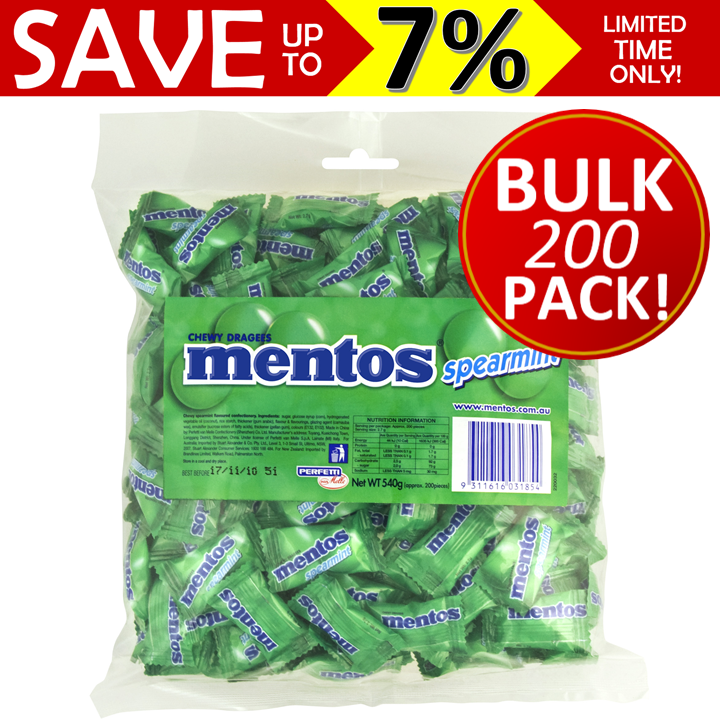 200x Mentos Spear Mint Fresh Chewy 540G Office Individually Wrapped ...
