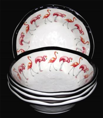 4 Cynthia Rowley FLAMINGOS Black Border Deep Hvy Duty Melamine Cereal ...