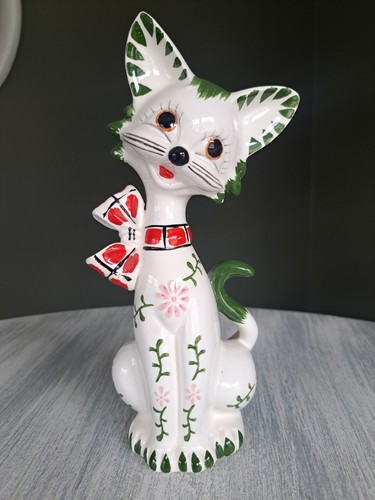 Mid-century Modern Cat Statue Japan White Red Green Christmas 8,5” Tall ...