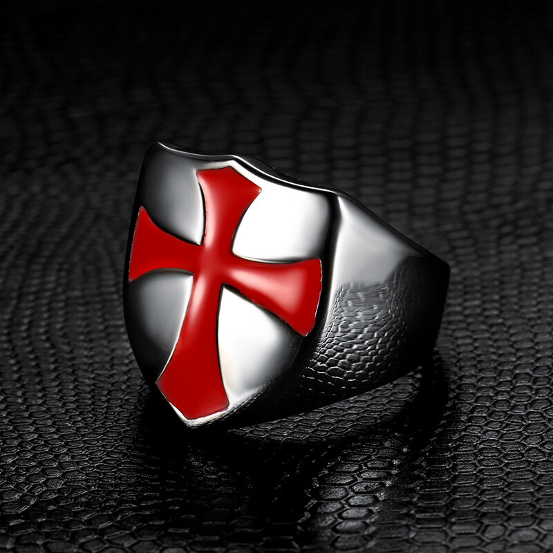 Red Enamel Cross Crusades Knight Templar Shield Ring Stainless Steel ...
