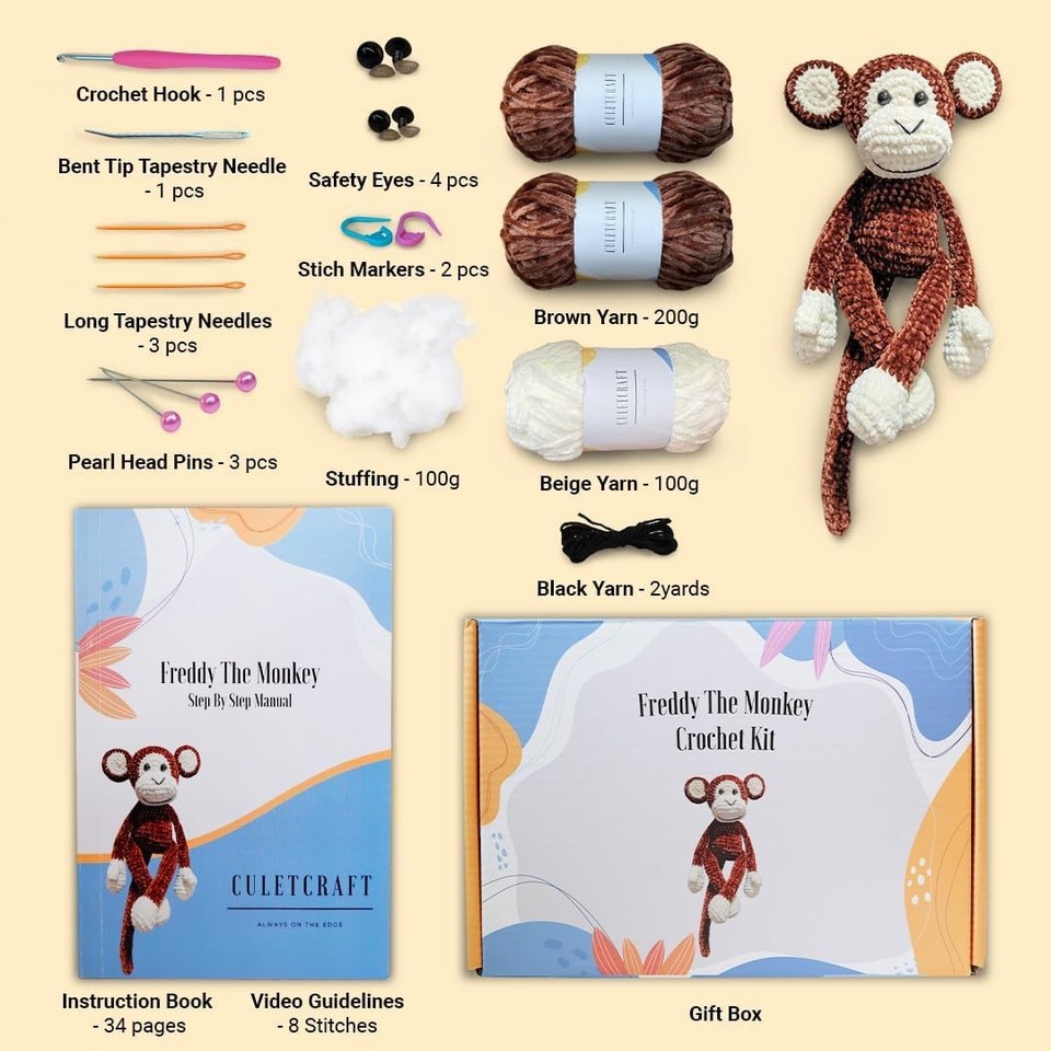 CULETCRAFT Crochet Kit for Beginners Adults, Freddy The Monkey Monkey ...