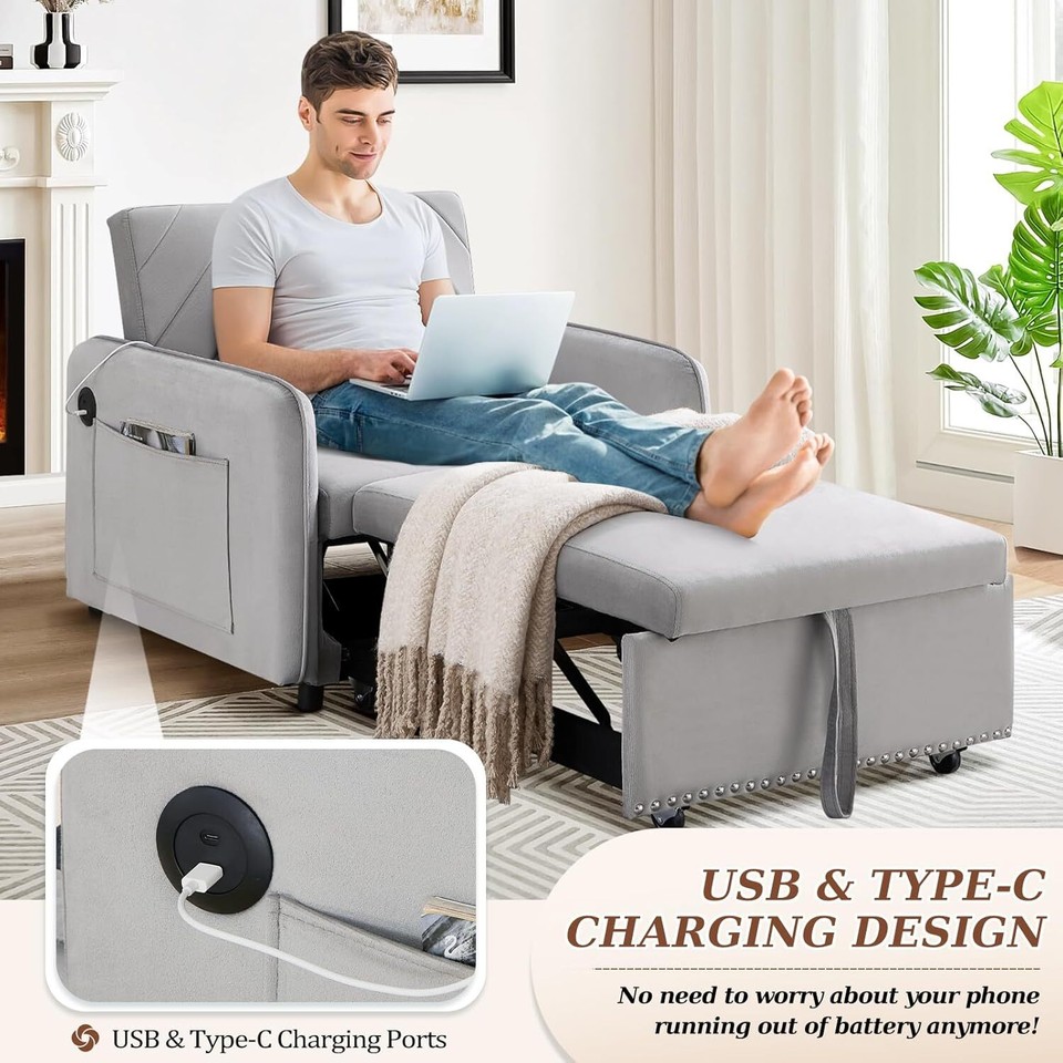 3 in 1 Convertible Sleeper Chair Bed with Adjustable Backrest & USB ...