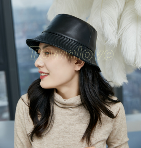 Men Women Genuine Leather Bucket Hat Sheepskin Black Cap Fashion | eBay