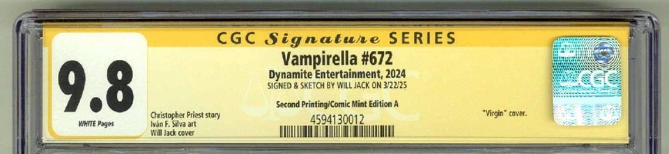 VAMPIRELLA #672 CGC 9.8 SS SIGNED REMARK SKETCH WILL JACK VIRGIN COVER ...