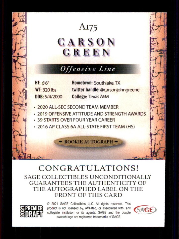 2021 SAGE Premier Draft #A175 Carson Green Autographs Red | eBay