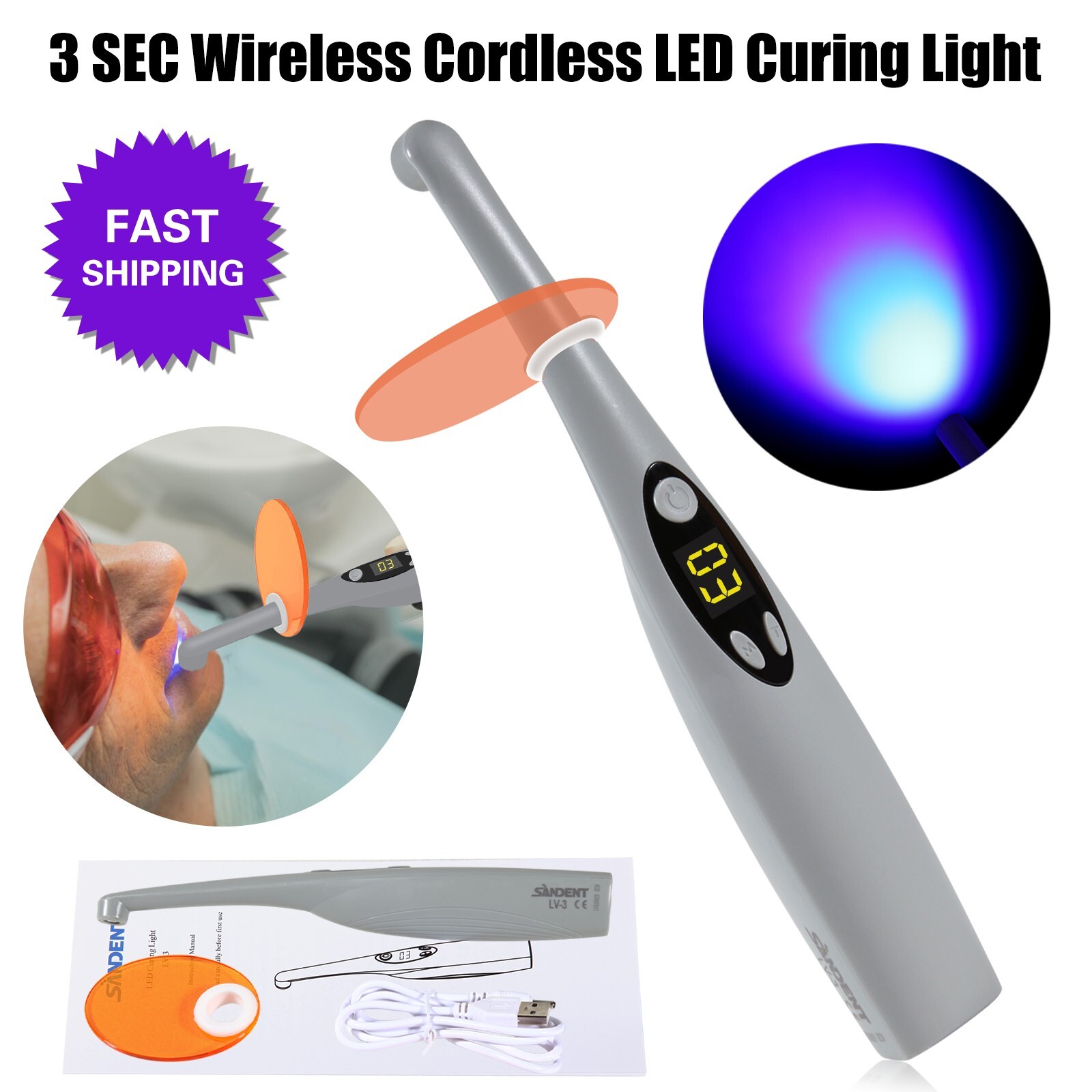 Dental Light Cure Lamp Cordless Metal Head LED 3Sec Dental Curing Light ...