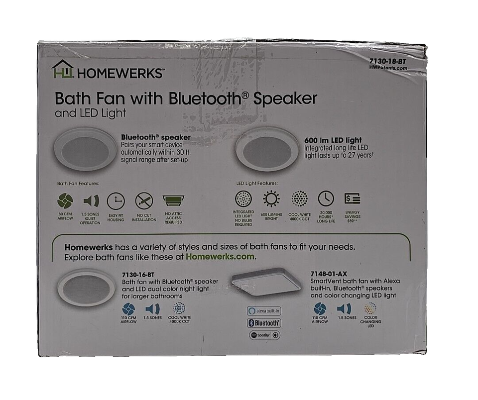 HomeWerks 7130-18-BT 80CFM Ceiling Mount Bathroom Exhaust Fan W ...