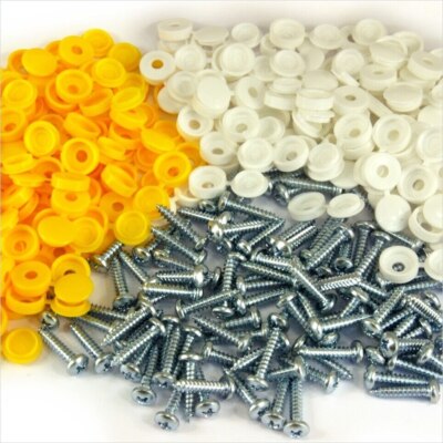 NUMBER PLATE FITTING KIT CAR FIING SCREWS & CAPS 500 White Yellow | eBay UK
