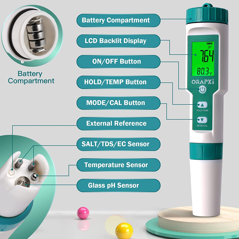 5 in 1 Digital Pool Salt Meter Water Tester pH Salinity Saltwater Pond ...